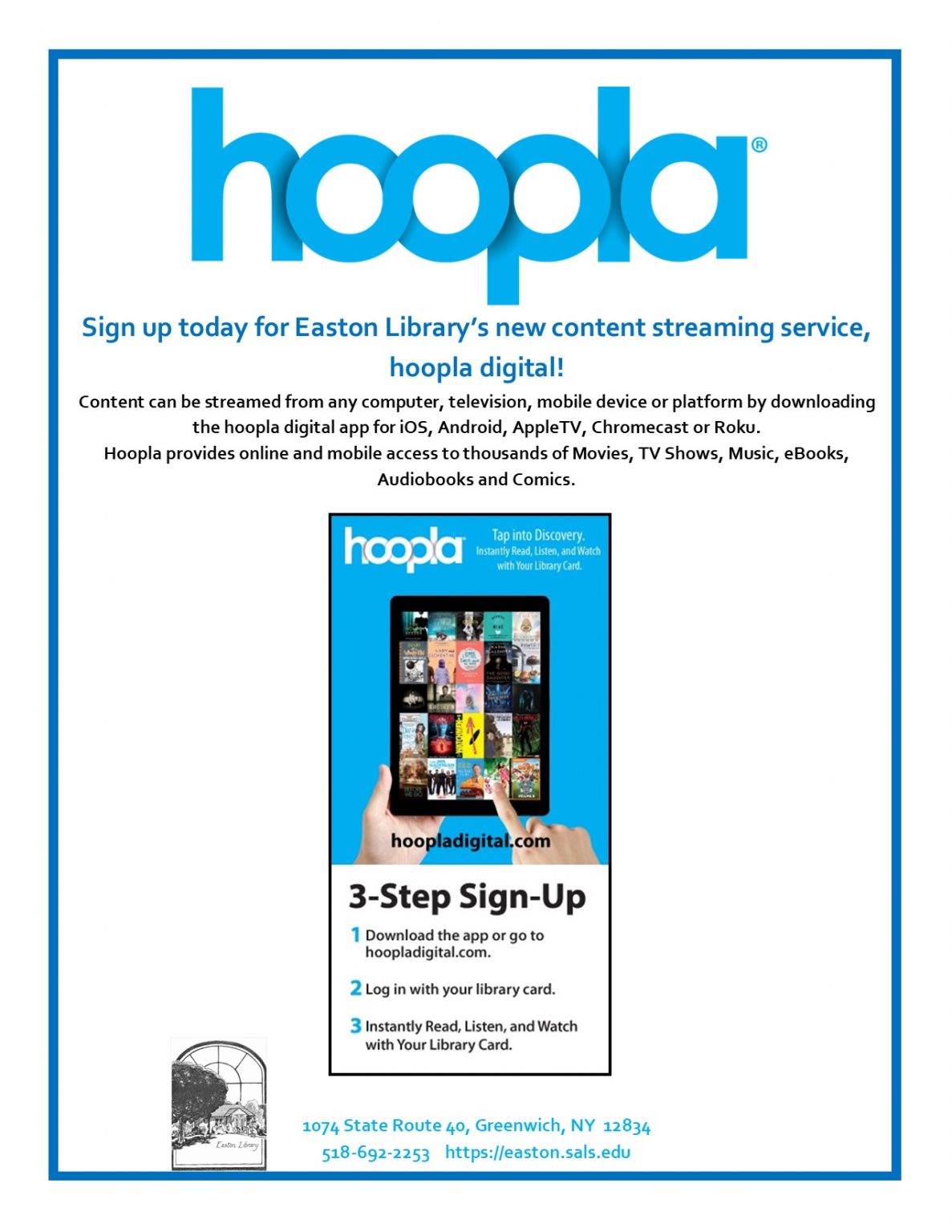 Easton Library – 1074 NYS ROUTE 40 GREENWICH, NY 12834-9518 518-692-2253